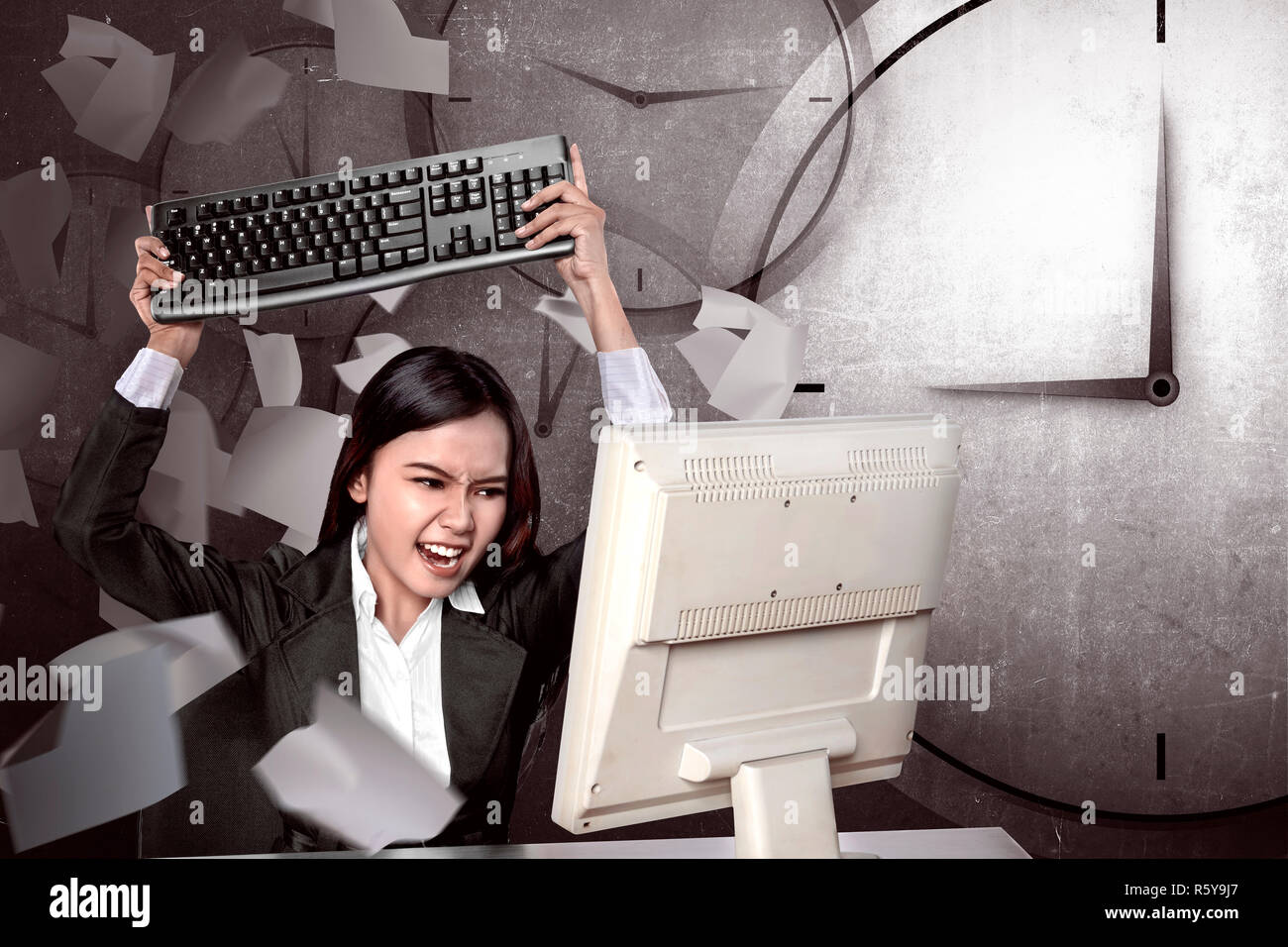 Asian business get angry because overtime work Stock Photo - Alamy