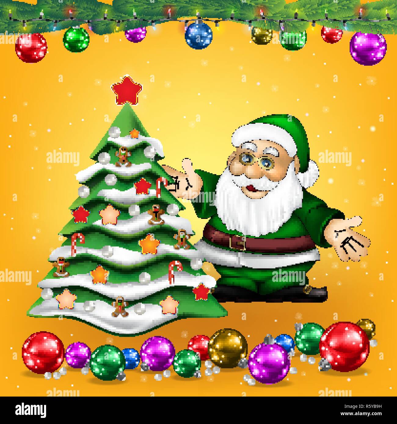 Christmas greeting with Santa Claus and tree on yellow Stock Vector ...