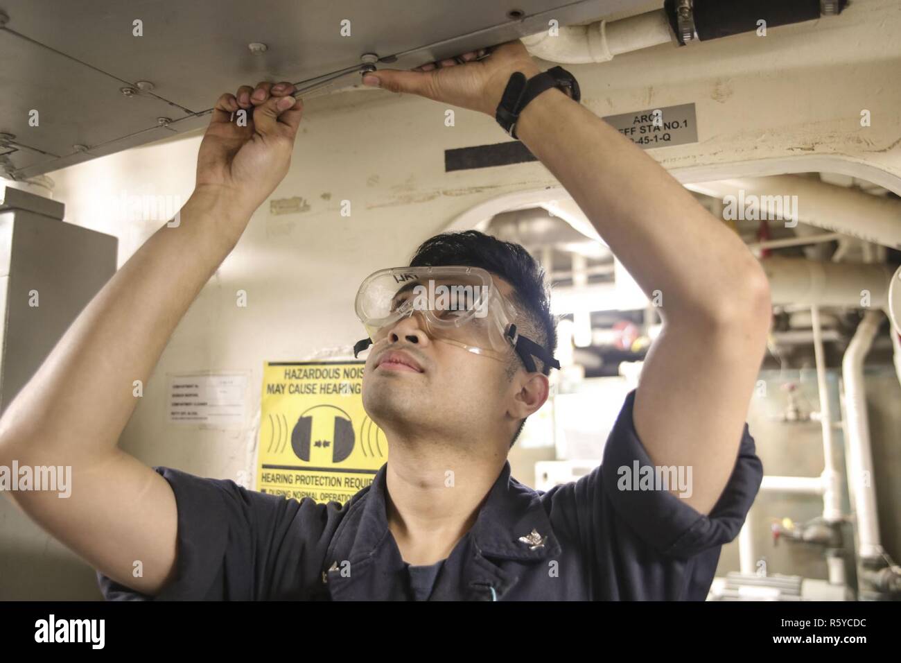 MEDITERRANEAN SEA (April 18, 2017) Engineman 3rd Class Rheimar Palaming ...