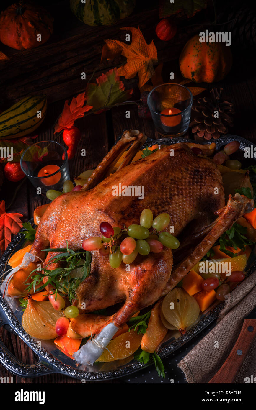 christmas goose with pumpkin and fruit filling Stock Photo - Alamy