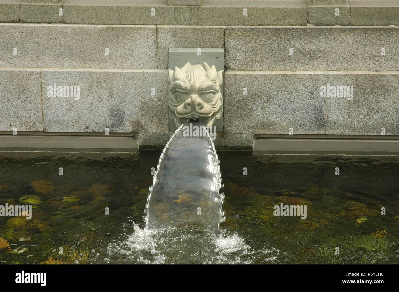 Chinese style hot spring pool with dragon head statues flowing out ...