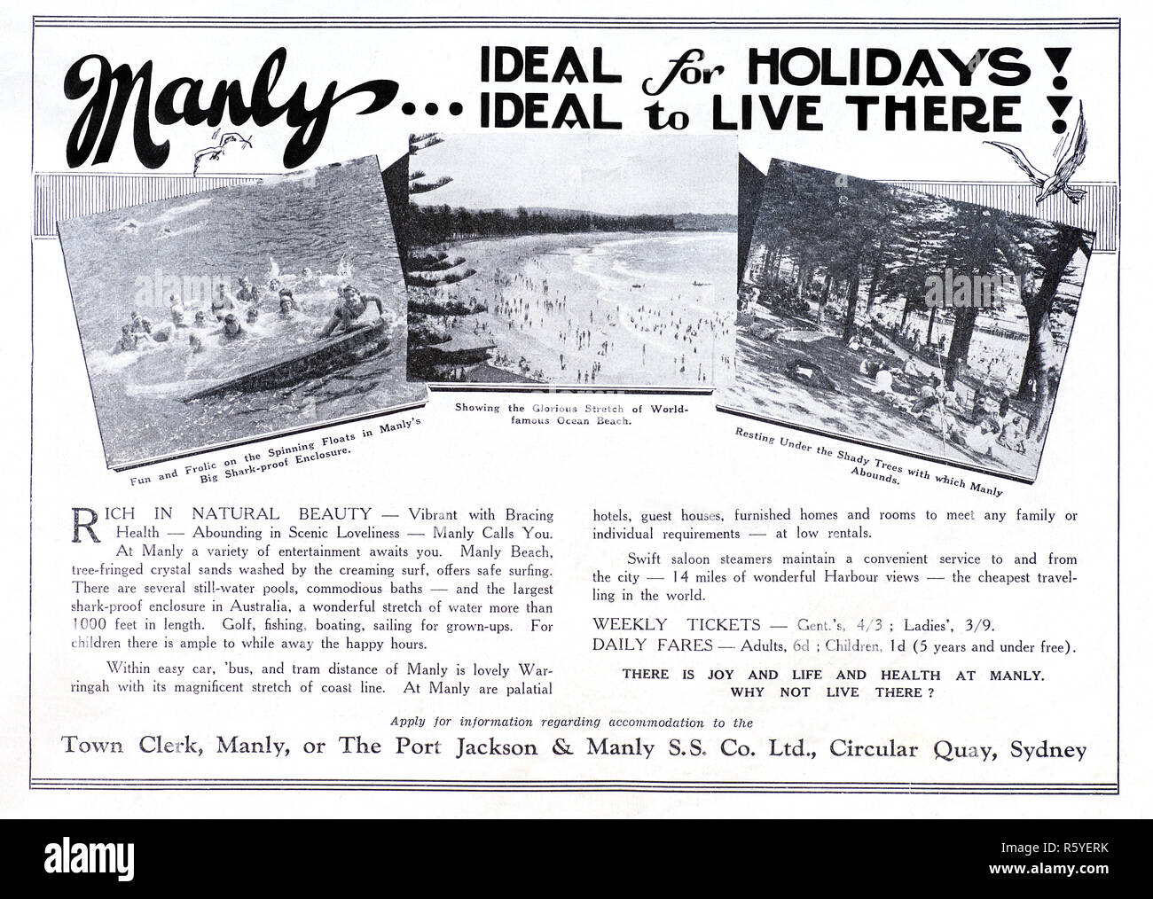 A 1932 Australian newspaper advertisement for the Sydney suburb Manly ...