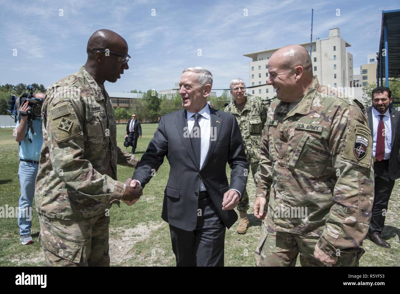 Secretary of Defense Jim Mattis is greeted at the Resolute Support ...