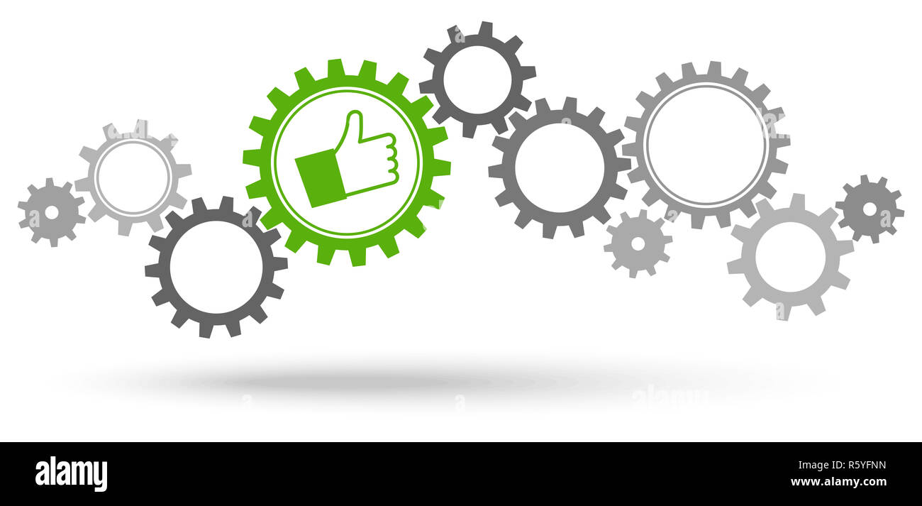 gray gears with green thumbs up Stock Photo - Alamy
