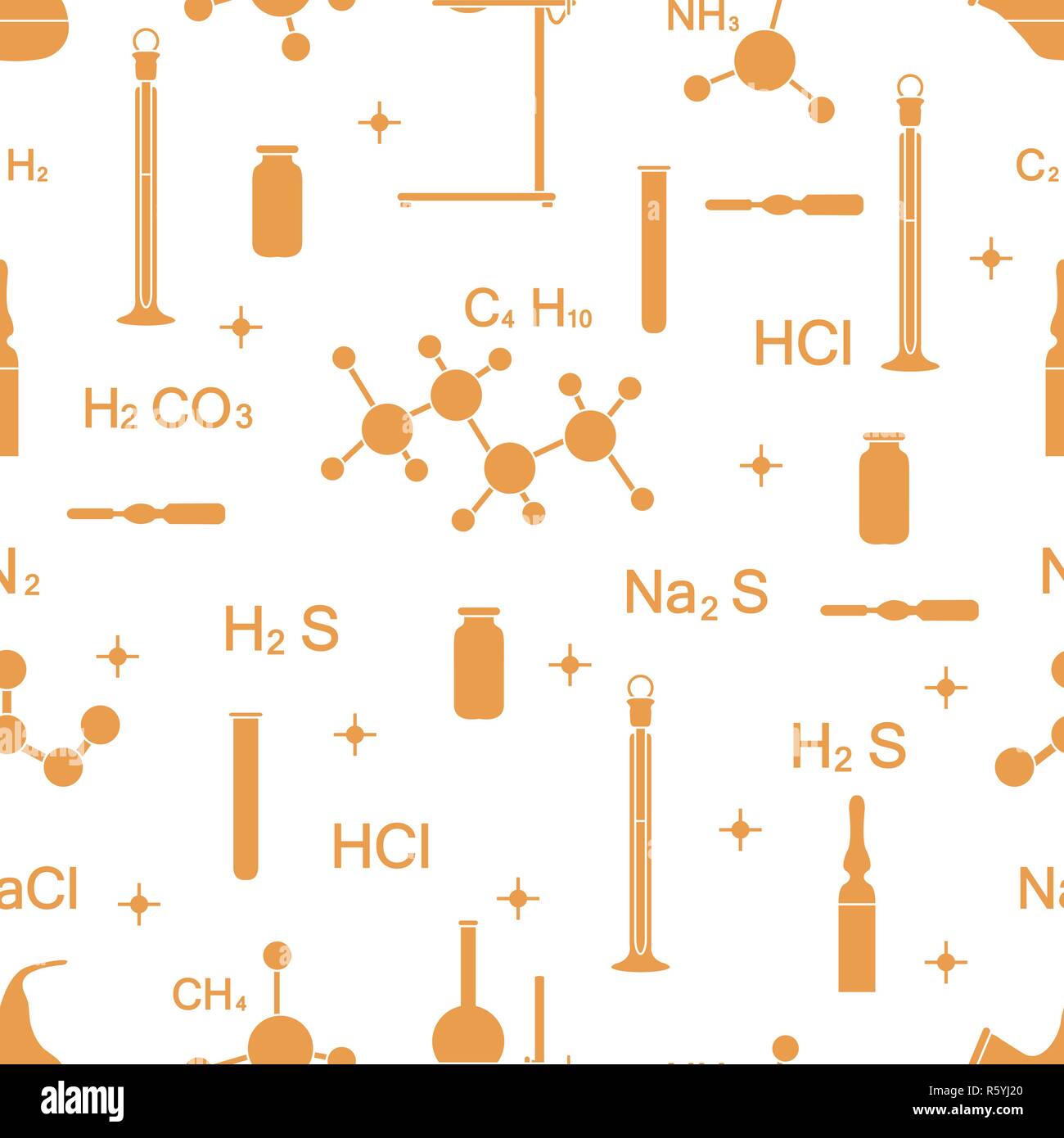 Scientific vector seamless pattern with flasks, test tubes, beakers ...
