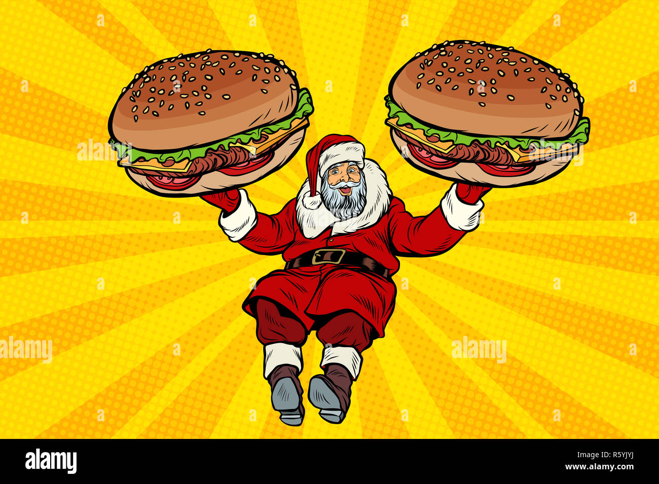 Santa Claus with two burgers, fast food delivery gift Stock Photo - Alamy