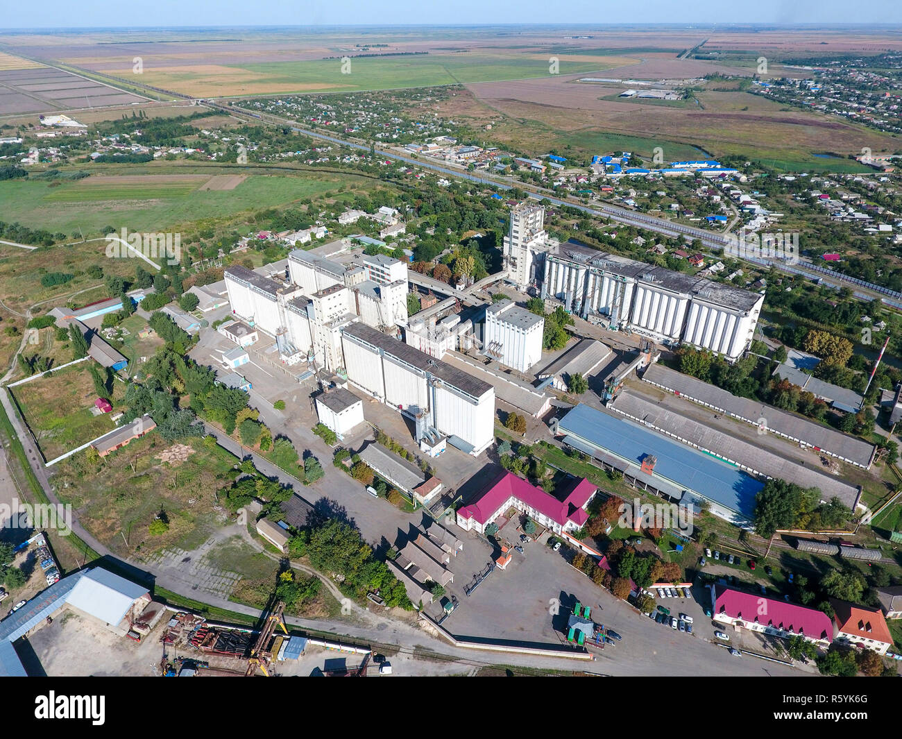 Top view of a silo elevator. Aerophotographing industrial object Stock ...