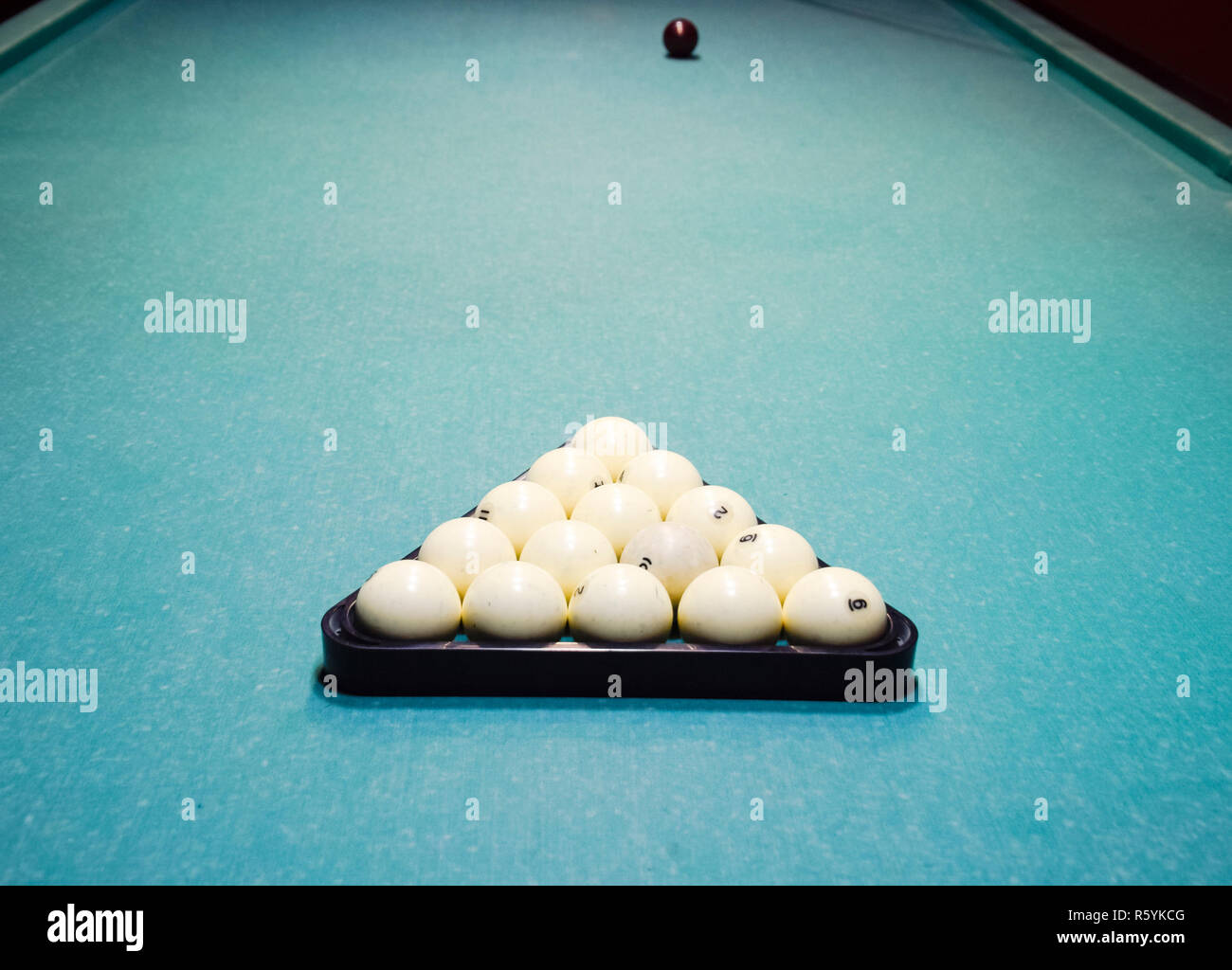 Billiards, billiard table, balls in the triangle. Construction o Stock ...