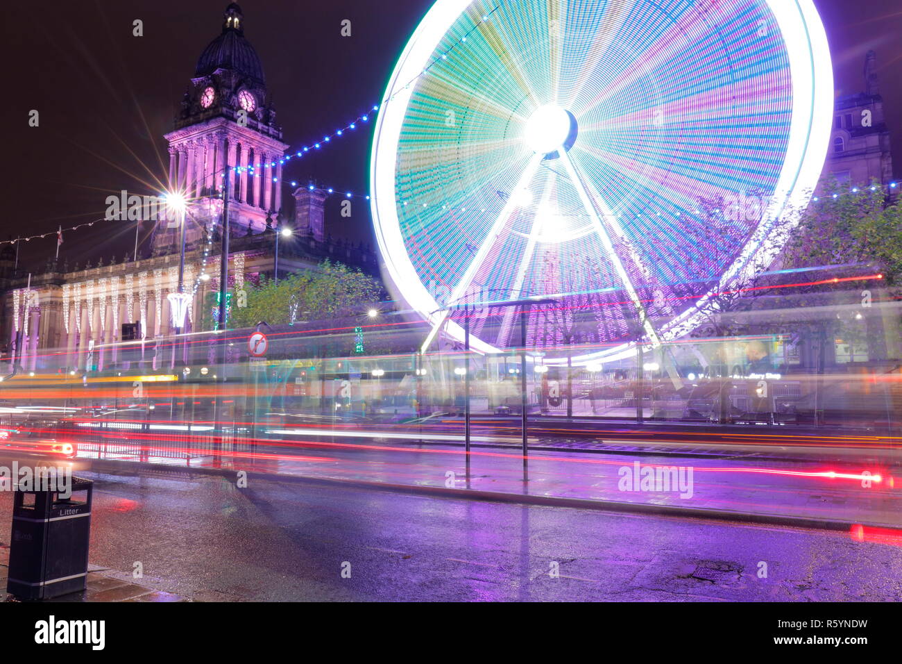 An abstract long exposure image of the big wheel in Leeds with light ...