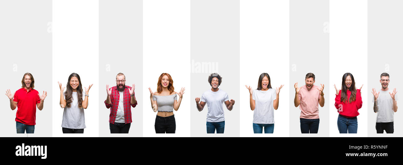 Collage of different ethnics young people over white stripes isolated ...