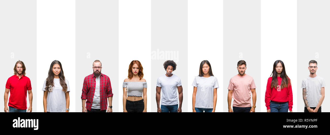 Collage of different ethnics young people over white stripes isolated ...