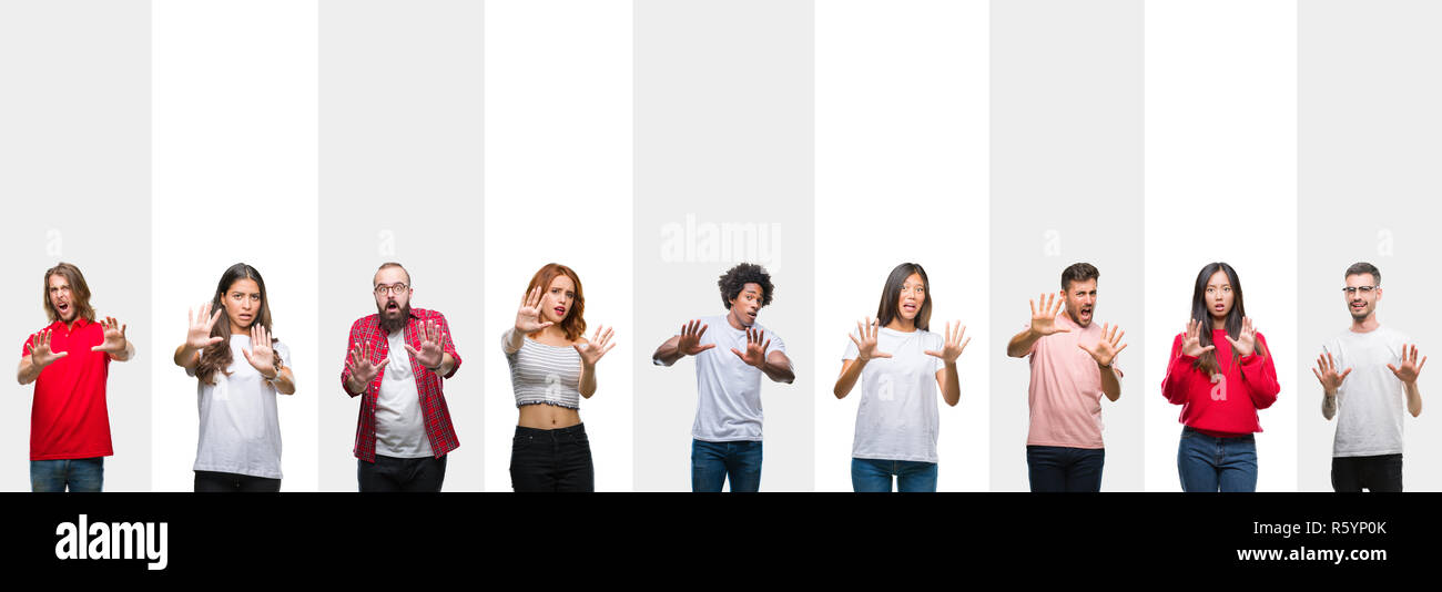 Collage of different ethnics young people over white stripes isolated ...