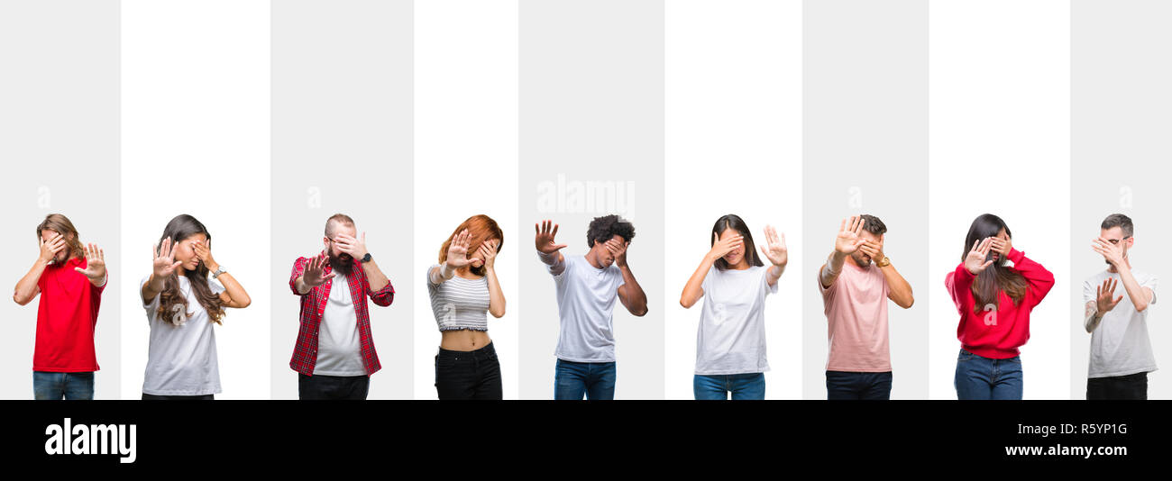 Collage of different ethnics young people over white stripes isolated ...