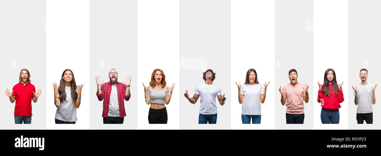 Collage of different ethnics young people over white stripes isolated ...
