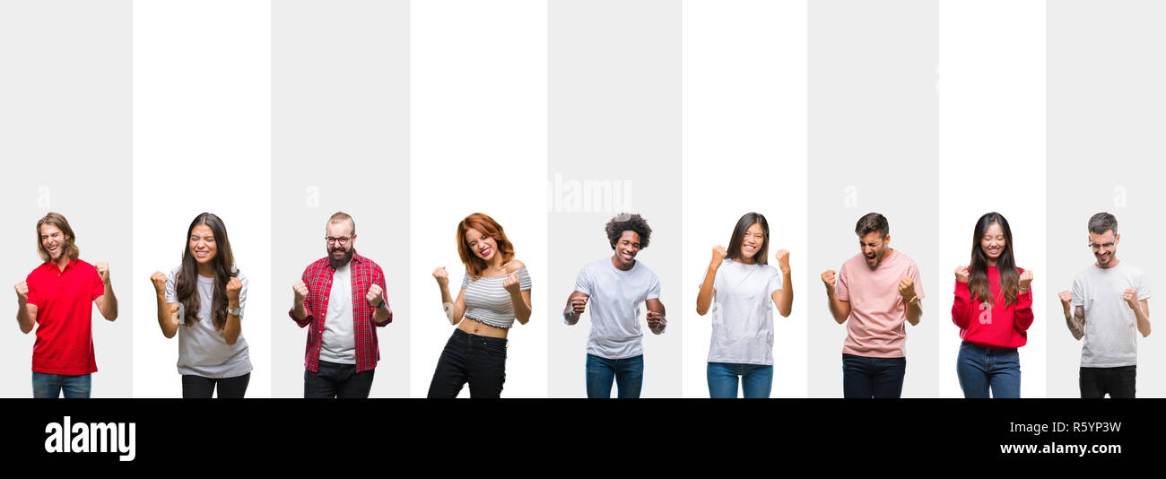 Collage of different ethnics young people over white stripes isolated ...
