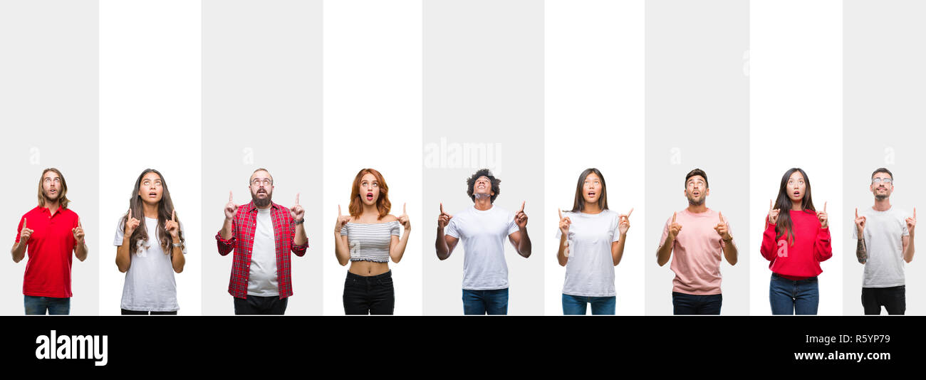 Collage of different ethnics young people over white stripes isolated ...