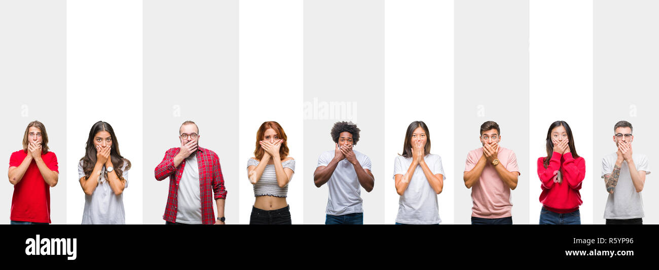 Collage of different ethnics young people over white stripes isolated ...