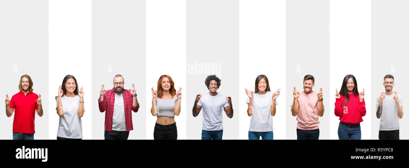 Collage of different ethnics young people over white stripes isolated ...
