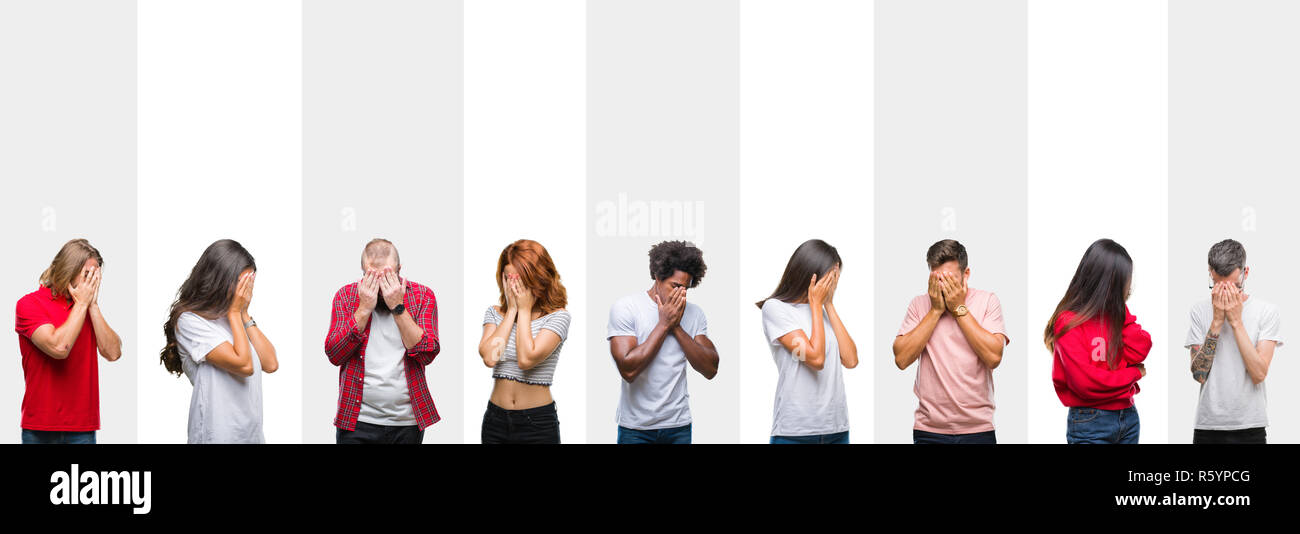 Collage of different ethnics young people over white stripes isolated ...