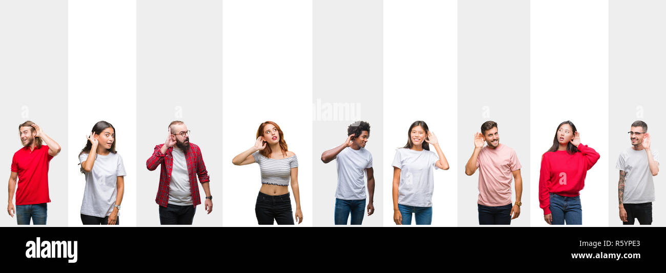 Collage of different ethnics young people over white stripes isolated ...