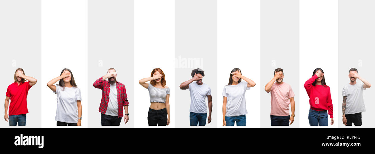 Collage of different ethnics young people over white stripes isolated ...