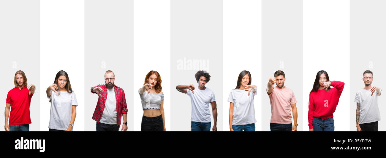 Collage of different ethnics young people over white stripes isolated ...