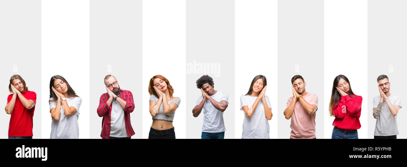 Collage of different ethnics young people over white stripes isolated ...