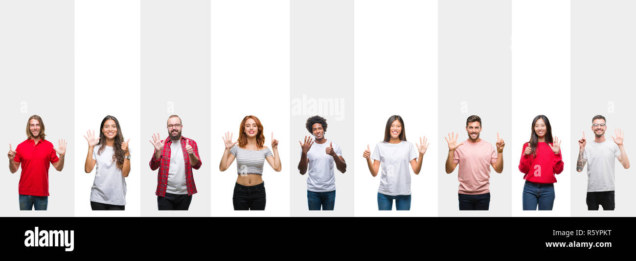 Collage of different ethnics young people over white stripes isolated ...