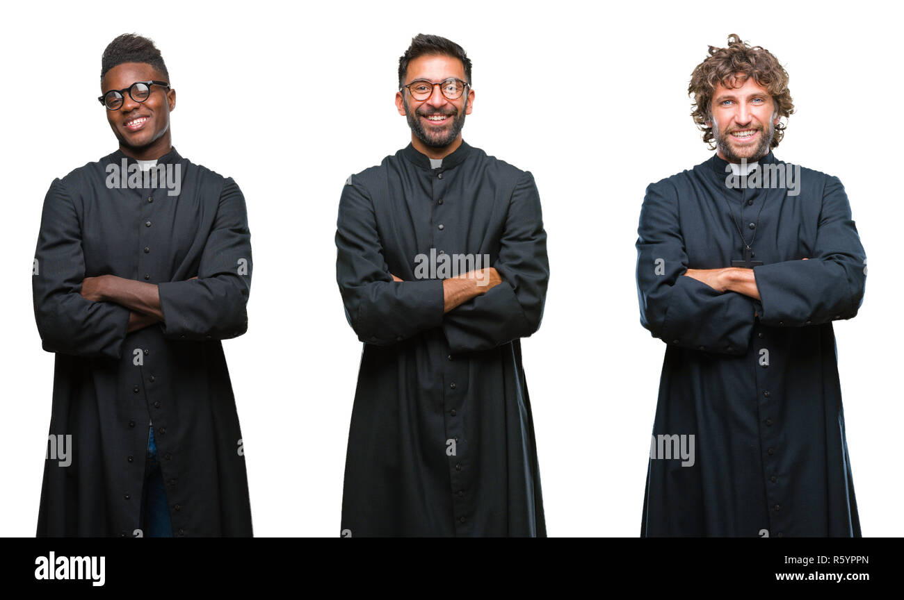 Collage of christian priest men over isolated background happy face ...