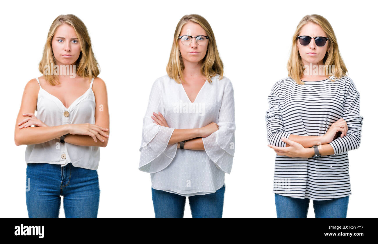 Collage of beautiful blonde woman over white isolated background ...