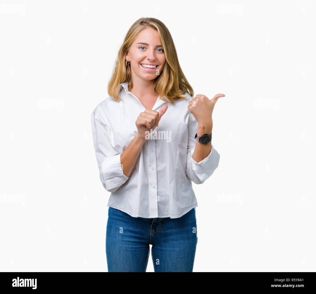 Beautiful young business woman over isolated background Pointing to the ...