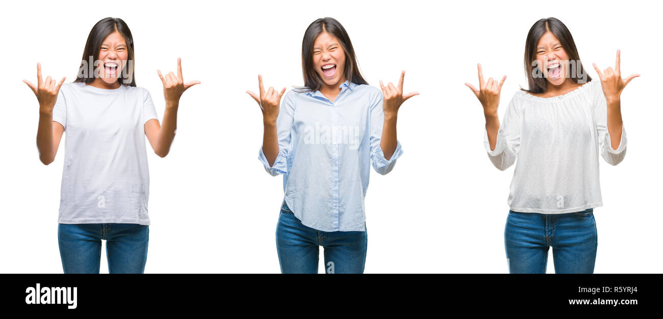 Collage of asian young woman standing over white isolated background ...