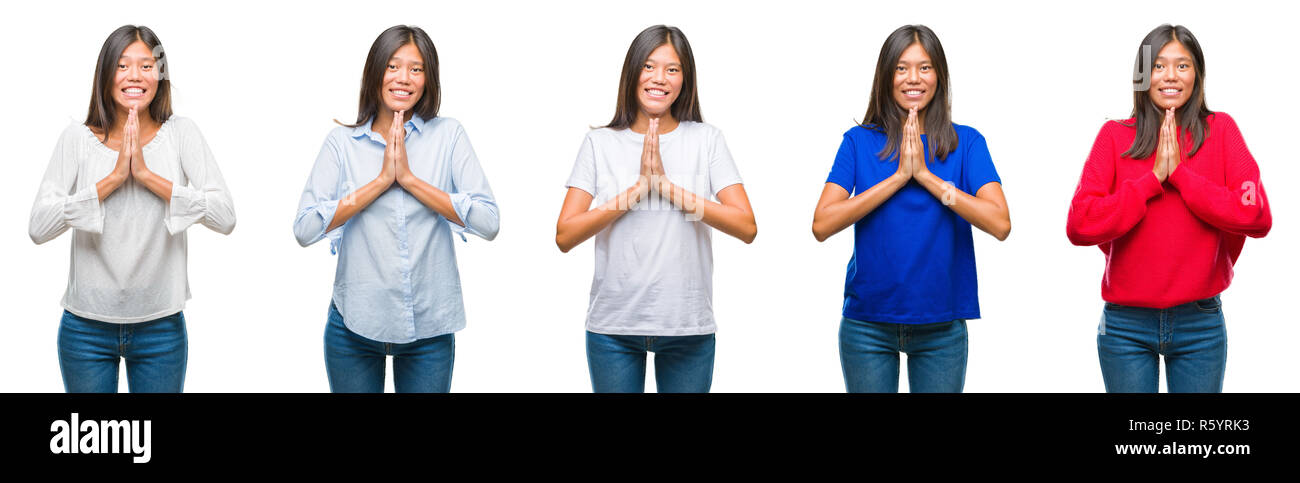 Composition of chinese asian woman over isolated background praying ...