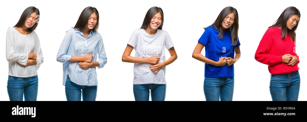 Composition of chinese asian woman over isolated background with hand ...