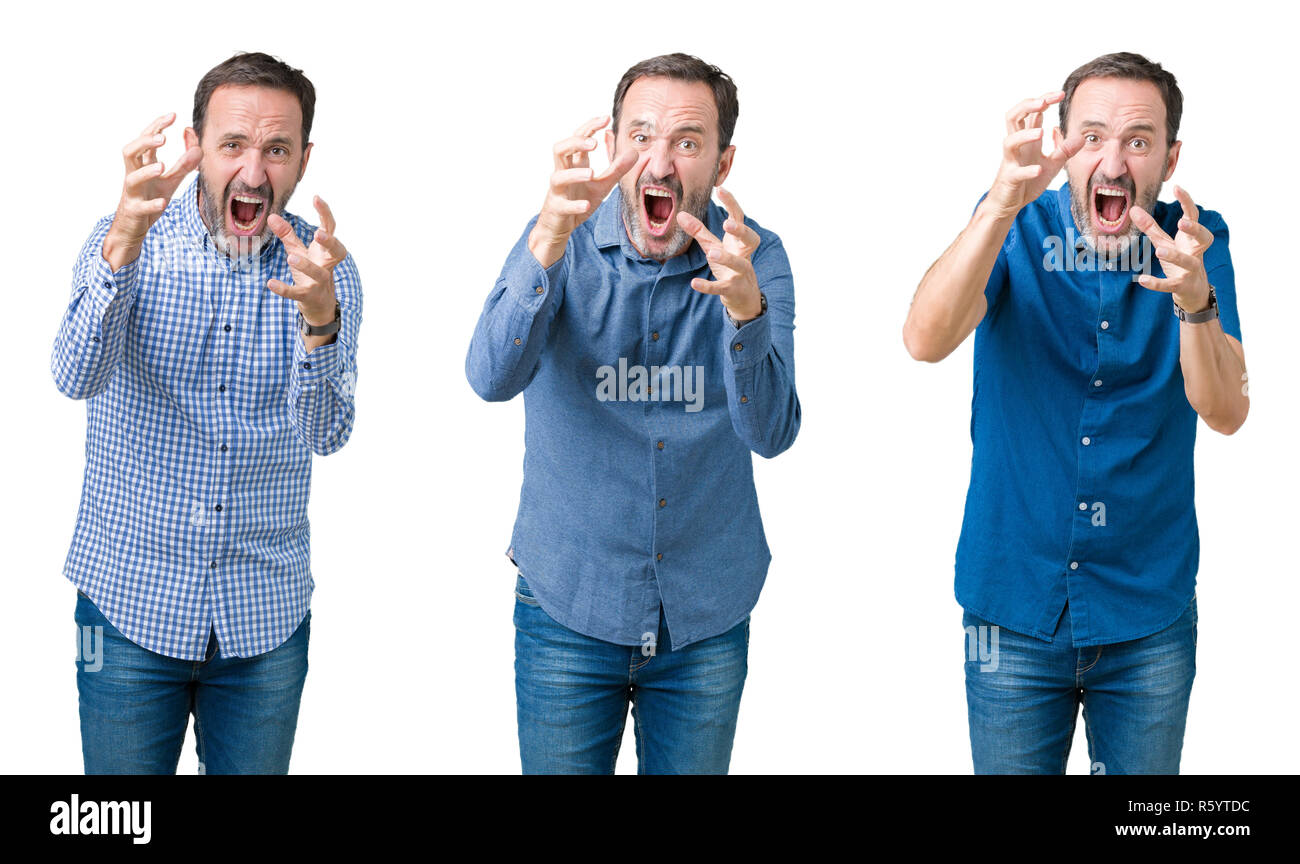 Collage of handsome senior man over white isolated background Shouting ...