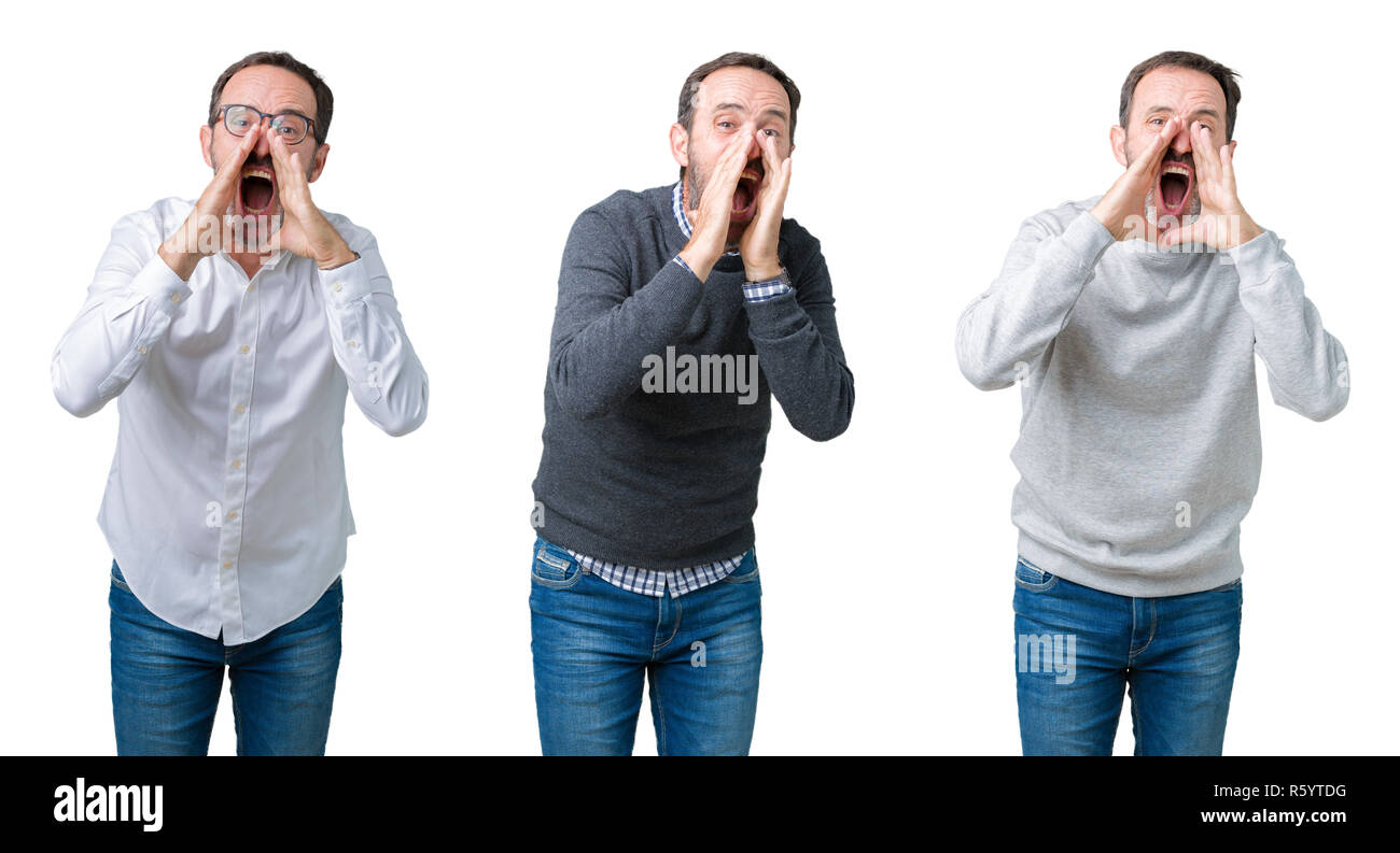 Collage of handsome senior man over white isolated background Shouting ...