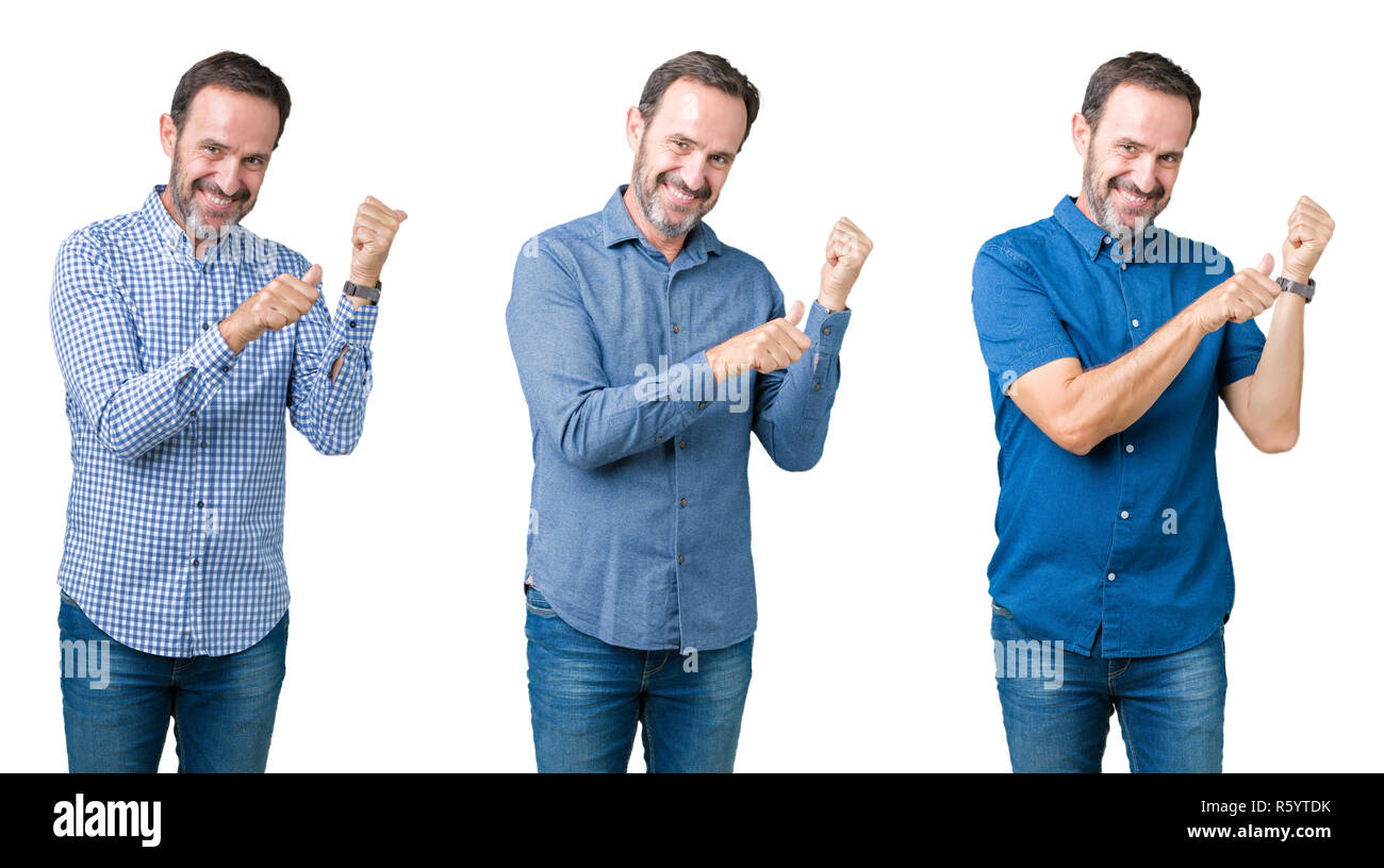 Collage of handsome senior man over white isolated background Pointing ...