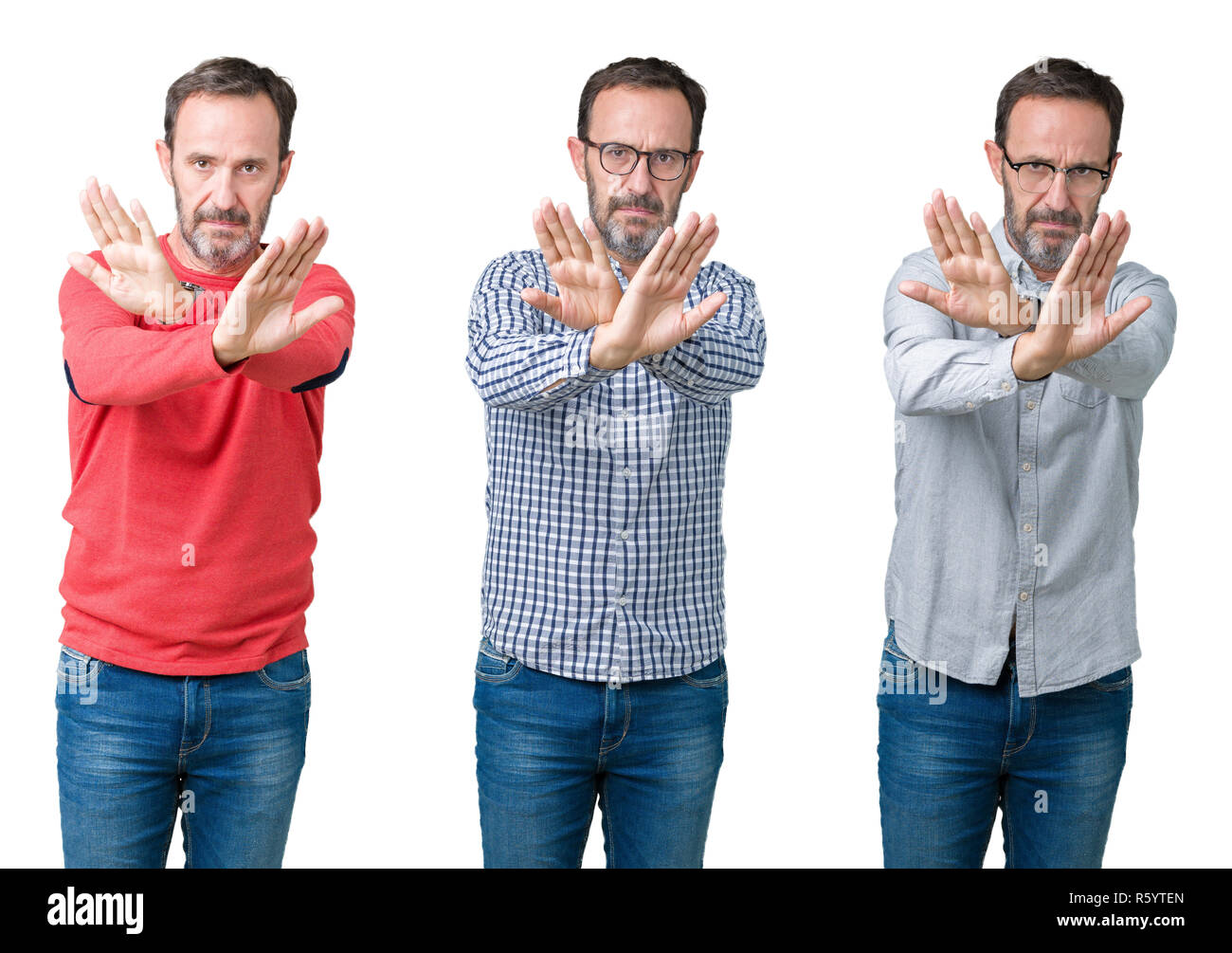 Collage of handsome senior man over white isolated background Rejection ...