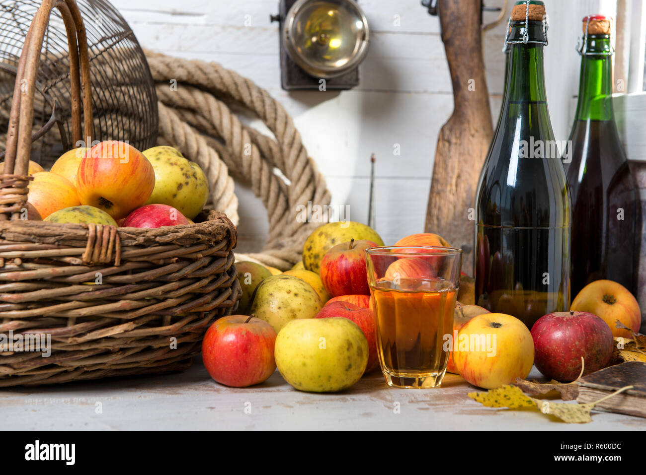 Cider bottles in a basket hi-res stock photography and images - Alamy