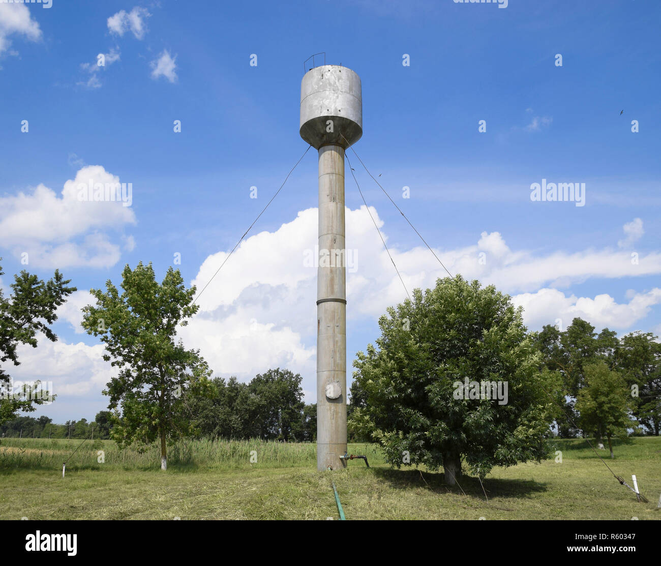 Silver Water Tower among green grass and trees Stock Photo - Alamy