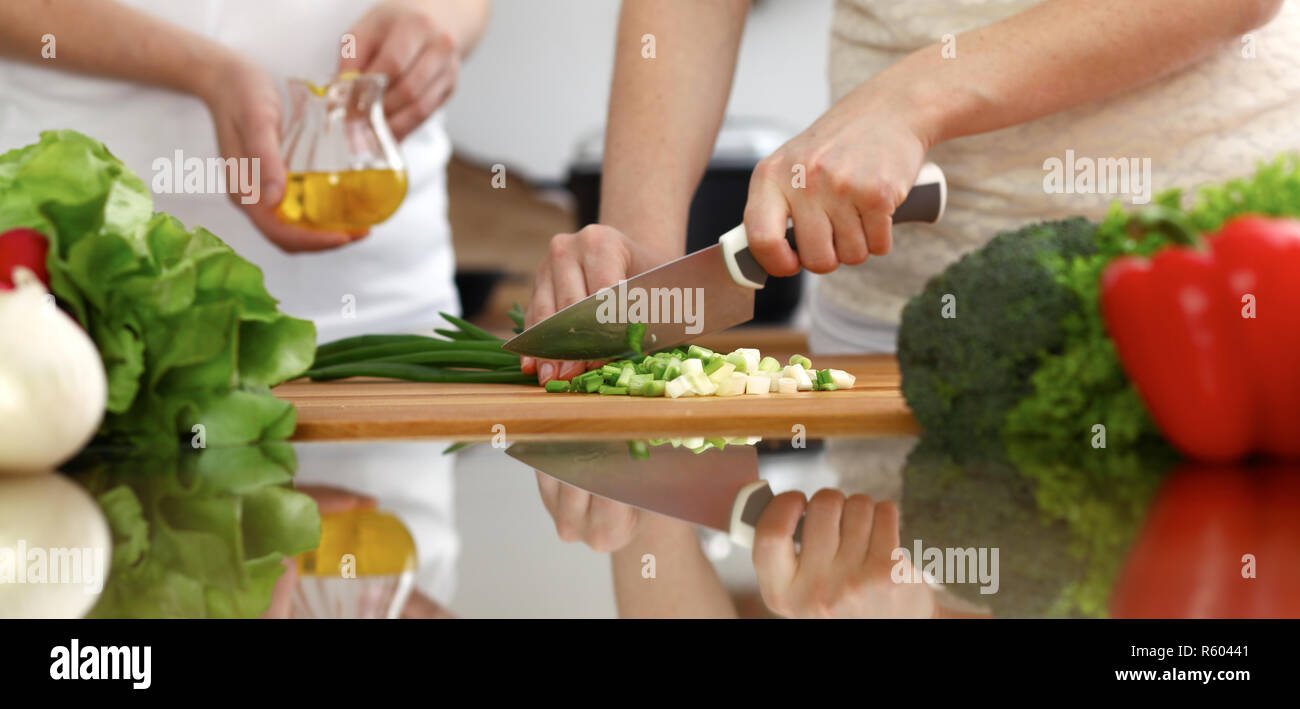 Closeup of human hands cooking in kitchen. Mother and daughter or two ...
