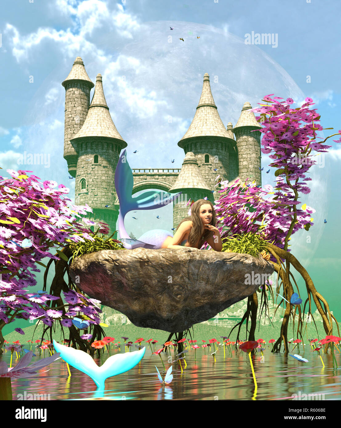 3d Fantasy mermaid in mythical island,Fantasy fairy tale of a sea nymph ...