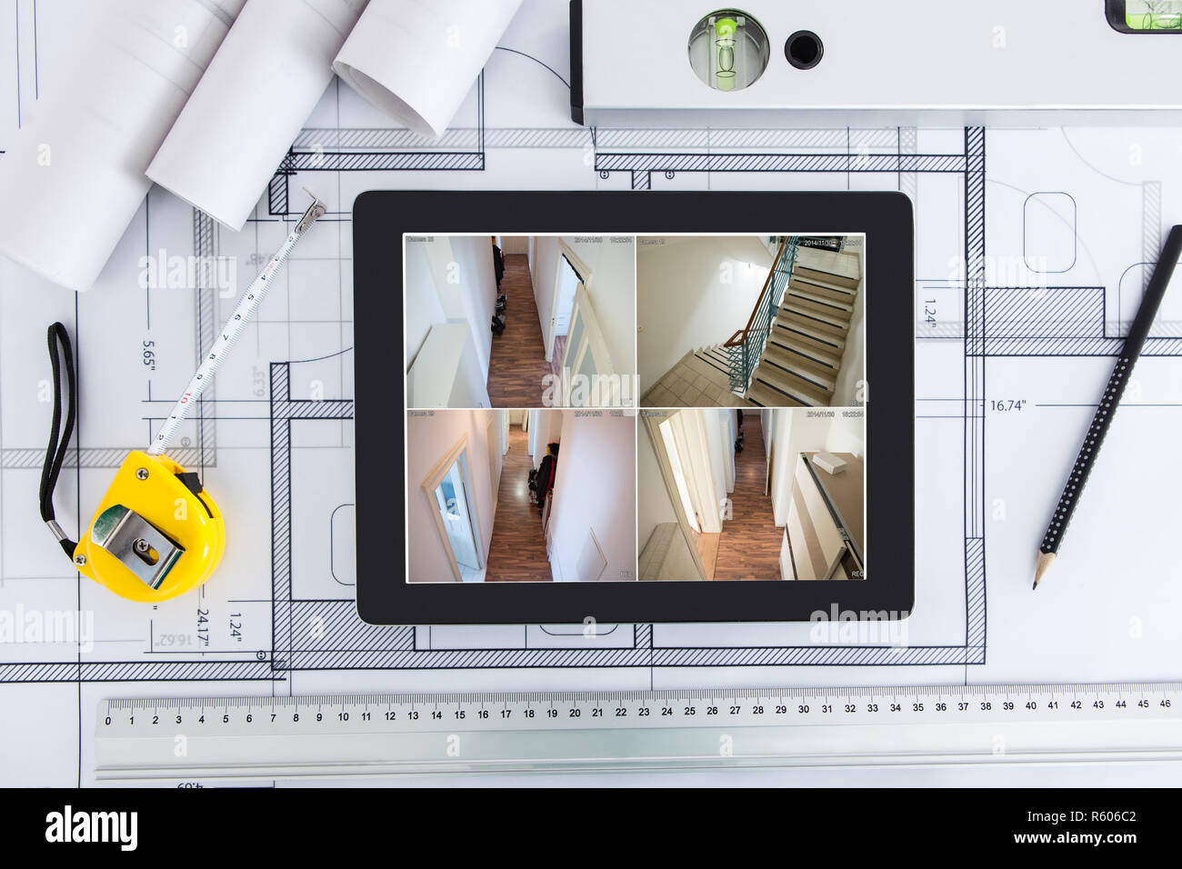 Digital Tablet With Architect's Tools On Blueprint Stock Photo - Alamy