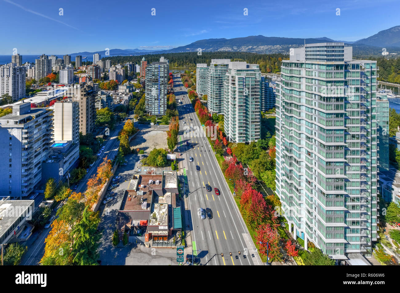 Aerial view of the modern city skyline of Vancouver, British Columbia ...