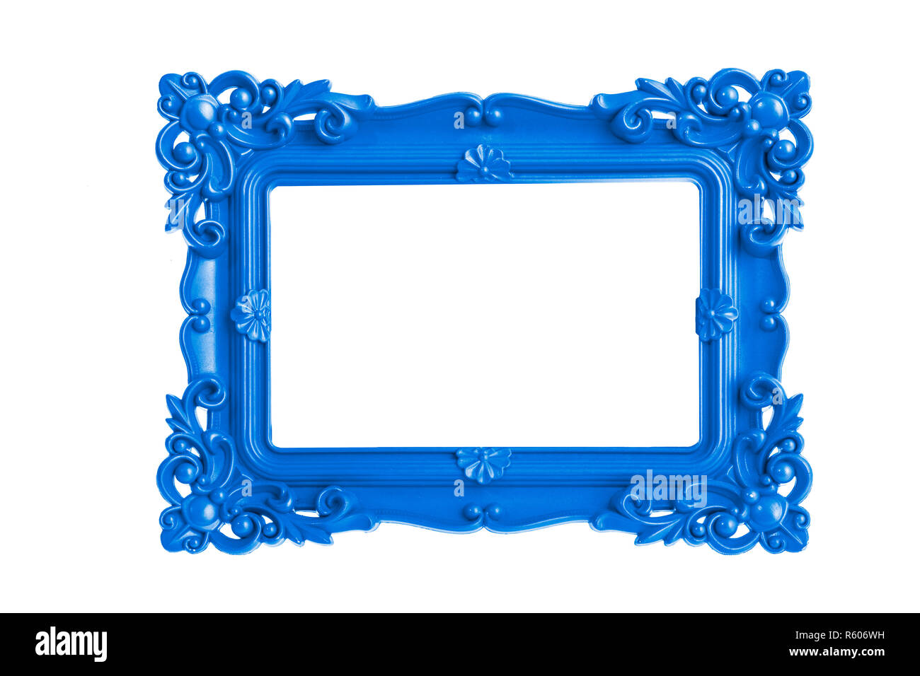 Modern plastic bright color picture frame with antique styling isolated ...