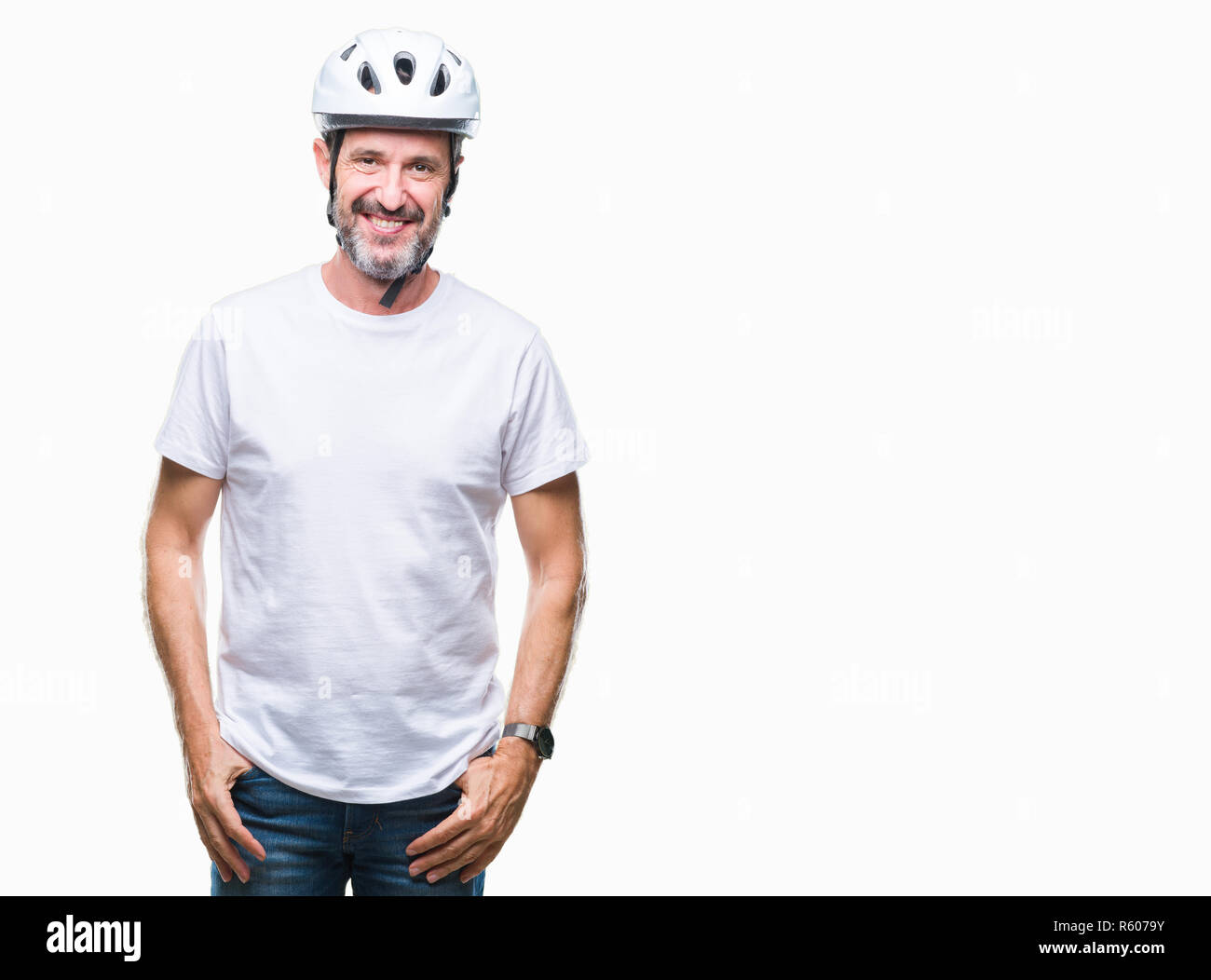 Middle age senior hoary cyclist man wearing bike safety helment ...