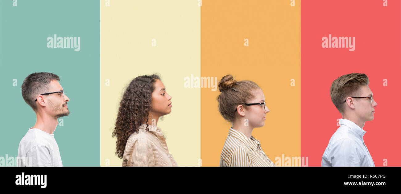 Collage of a group of people isolated over colorful background looking ...