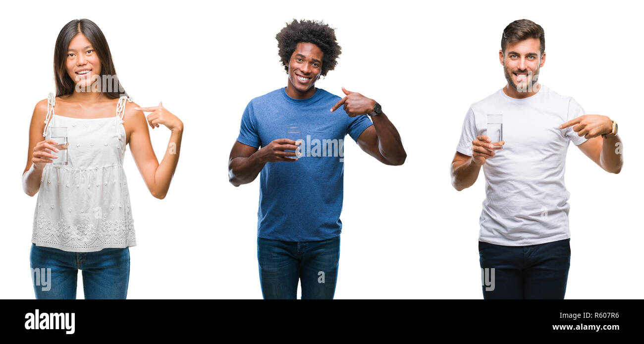 Collage of people drinking glass of water over isolated background with ...