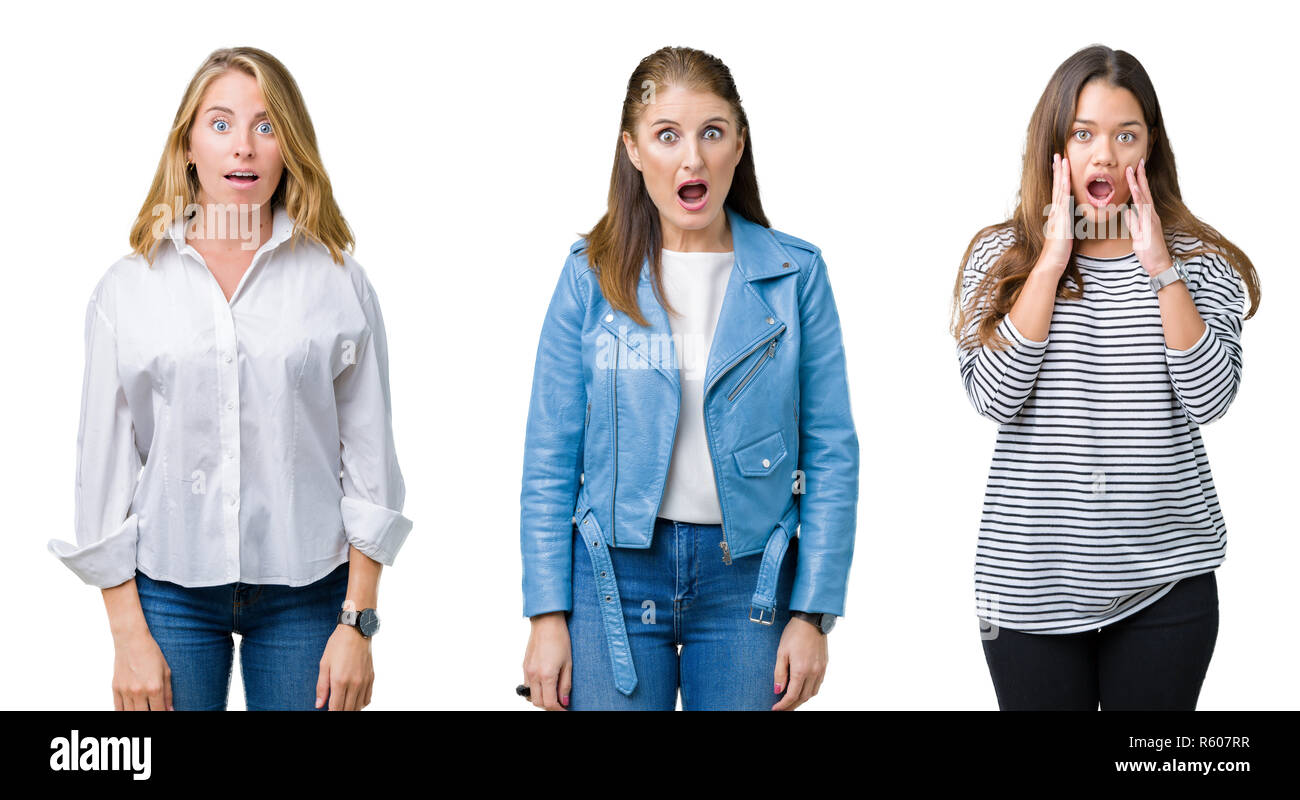 Collage of group of three beautiful women over white isolated ...