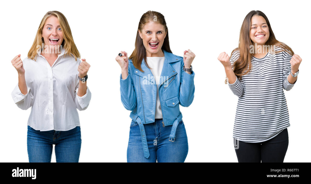Collage of group of three beautiful women over white isolated ...